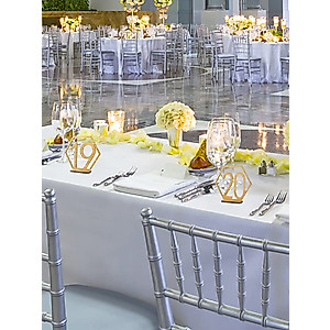 SUNFECILI 10 Pcs Wooden Table Numbers, Hexagon Hollow Out Table Number,Wedding Place Cards, Wood Numbers Place Cards with Holder Base Standing Wood Wedding Decorations, Gold(1-10)