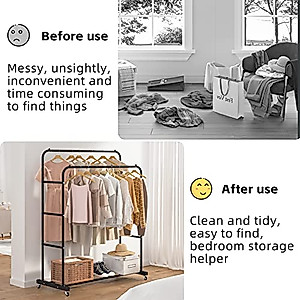 Laiensia Double Rods Clothing Rack with Wheels, Garment Rack for Hanging Clothes, Multi-functional Bedroom Clothes Rack, Black