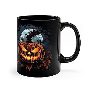 ATMTEE Halloween Night With Haunted Tree and Pumpkins Black Mug 11oz, Funny Gifts for Mens, Womens, Kids (11oz, Black)