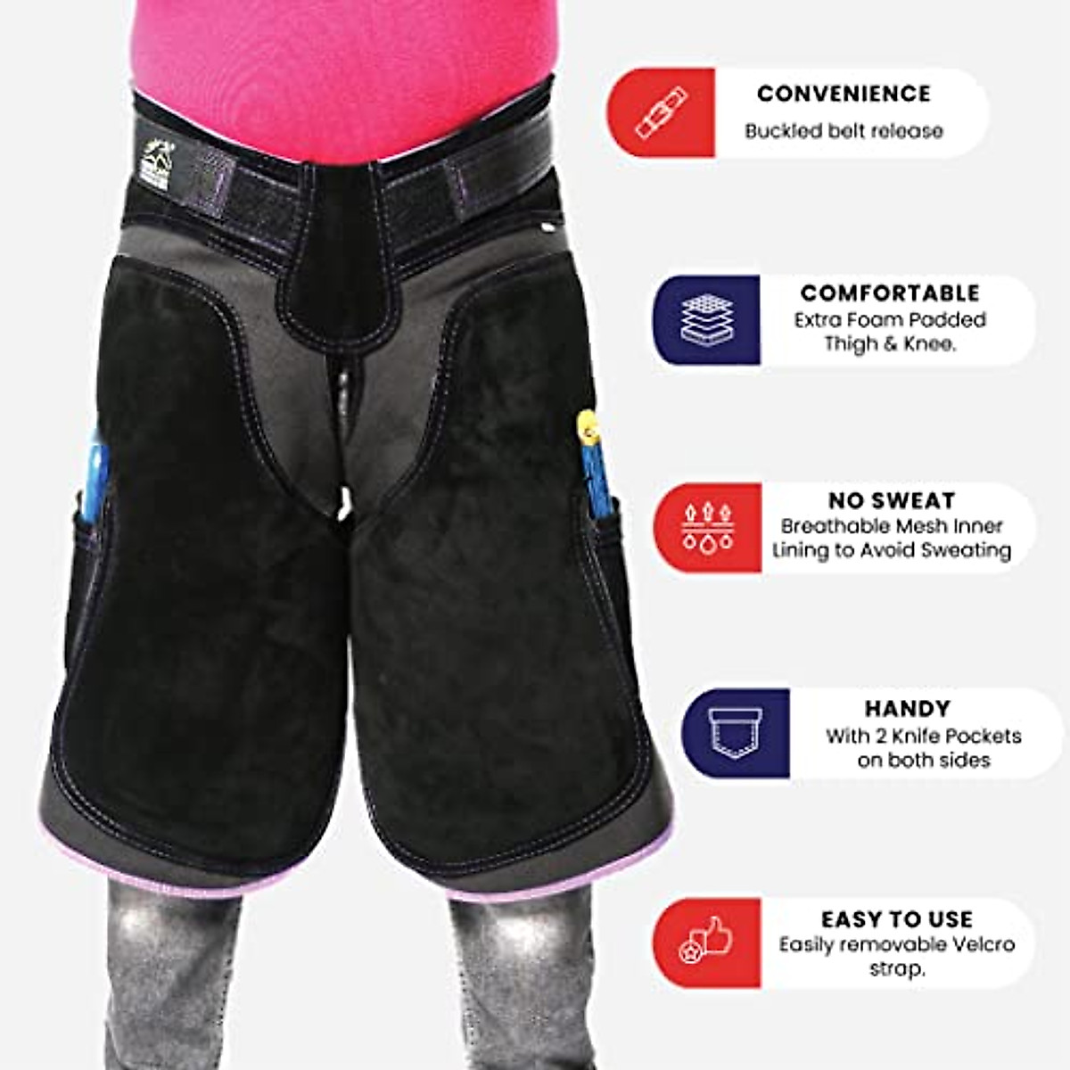 Equine Care Women's Farrier Apron with 4 Knife Pockets, 2 Nail Magnets, and Back Support - Cowhide Suede Leather and Canvas Chaps, 23 Inches-59CM