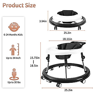 Baby Walker, 9-Gear Height Adjustable Baby Walker with Wheels, Foldable Infant Toddler Walker with Foot Pads, Baby Walkers and Activity Center for Baby Boys and Baby Girls 6-24 Months