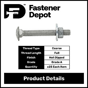 1/2"-13 x 4" Hot Dipped Galvanized Carriage Bolt w/Nuts & Flat Washers, Quantity 25 - by Fastener Depot, LLC