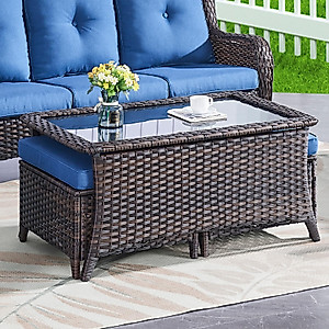 Belord Outdoor Coffee Table with Tempered Glass Top, Patio Rectangular Brown Wicker Table, Handwoven Rattan Coffee Table Compatible with Patio Furniture Sets for Porch Deck Backyard