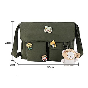 Canvas Crossbody Bag with Kawaii Pins and Pendent for Women Girls Casual Shoulder Messenger Bag Students Schoolbag