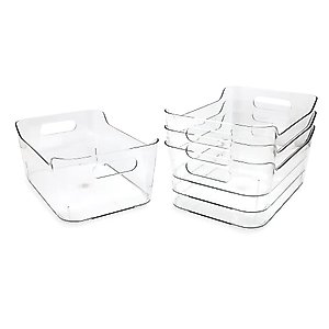 Isaac Jacobs 4-Pack Small Clear Storage Bins (9.4” x 6.7” x 4.1”) w/ Handles, Plastic Box Set, Home, Office, Fridge, Freezer, Kitchen, Pantry Organization Container, BPA-Free/Food Safe (Small, 4-Pack)