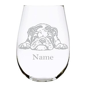 English Bulldog themed with name 17 oz. stemless wine glass