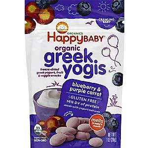 Happy Baby Organics Baby Snacks, Greek Yogis, Freeze Dried Yogurt &Veggie Fruit Snacks, Gluten Free Snack for Babies 9+ Months, Blueberry & Purple Carrot, 1 Ounce