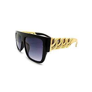 High Fashion Metal Chain Arm Flat Top Aviator Sunglasses (Shiny Black Gold)