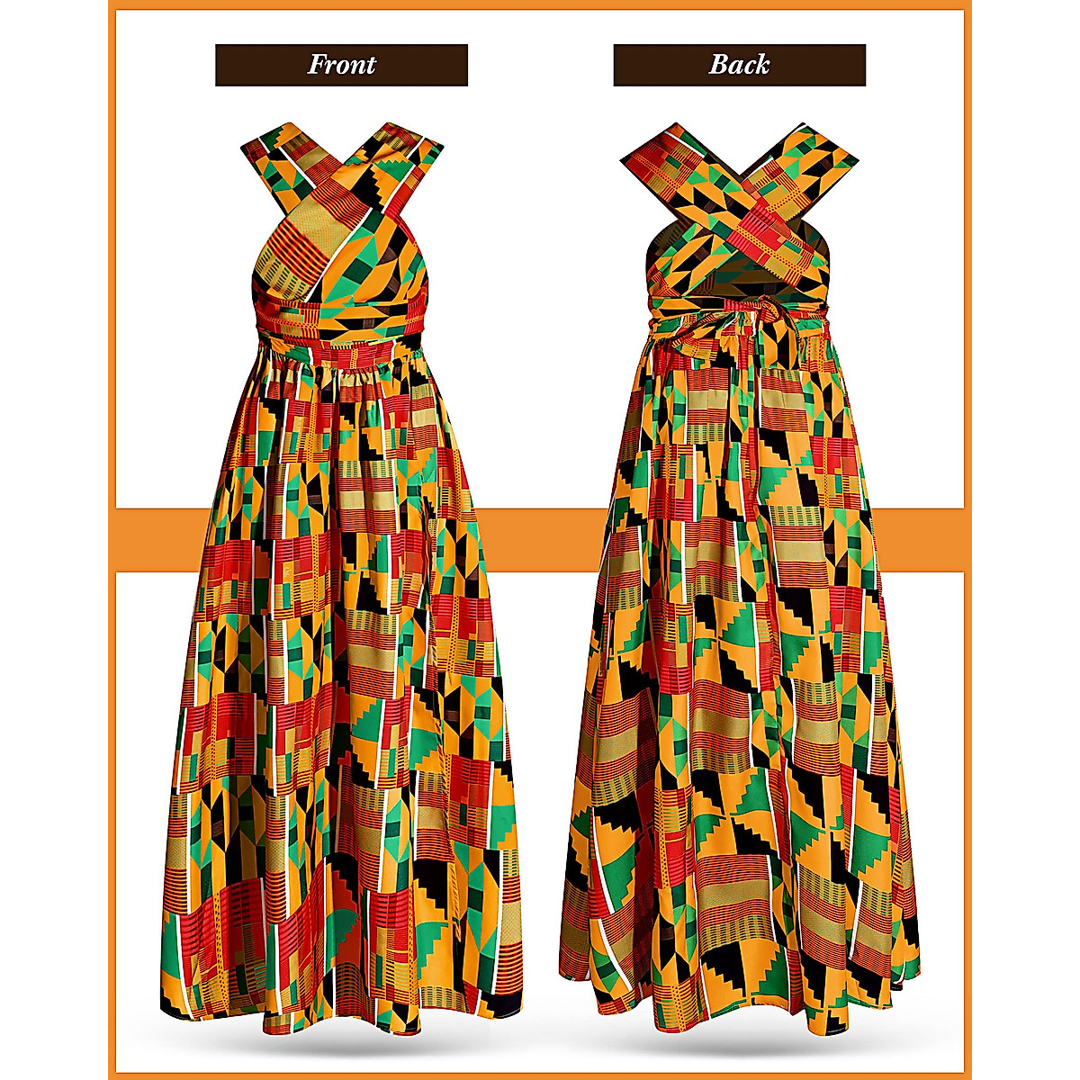 Haysandy 3 Pcs Women African Ankara Print Traditional Costume Set Long Maxi Dress Headwraps Scarf Drop Dangle Earrings(X-Large)