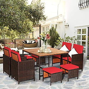 Tangkula 9 Pieces Acacia Wood Patio Dining Set, Space Saving Wicker Chairs and Wood Table with Umbrella Hole Outdoor Furniture Set, Suitable for Garden, Yard, Poolside, Outdoor Seating Set