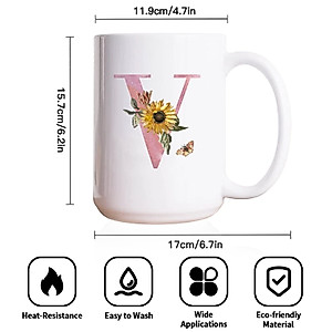 Novelty Quote White Ceramic Coffee Mugs 15oz,Sunflower Pink Initial Alphabet Monogram Letter V Funny Coffee Mug Porcelain Humorous Coffee Cup for Christmas Friends Classmate Teacher Kids