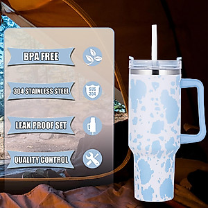 Xereizo 40 oz Tumbler with Handle and Straw, Leak Proof Stainless Steel Insulated Travel Coffee Tumbler Cups Lid and Straw, Iced for 40 Hours Cupholder Friendly Water Bottle Mug, Cow Stripe Glacier