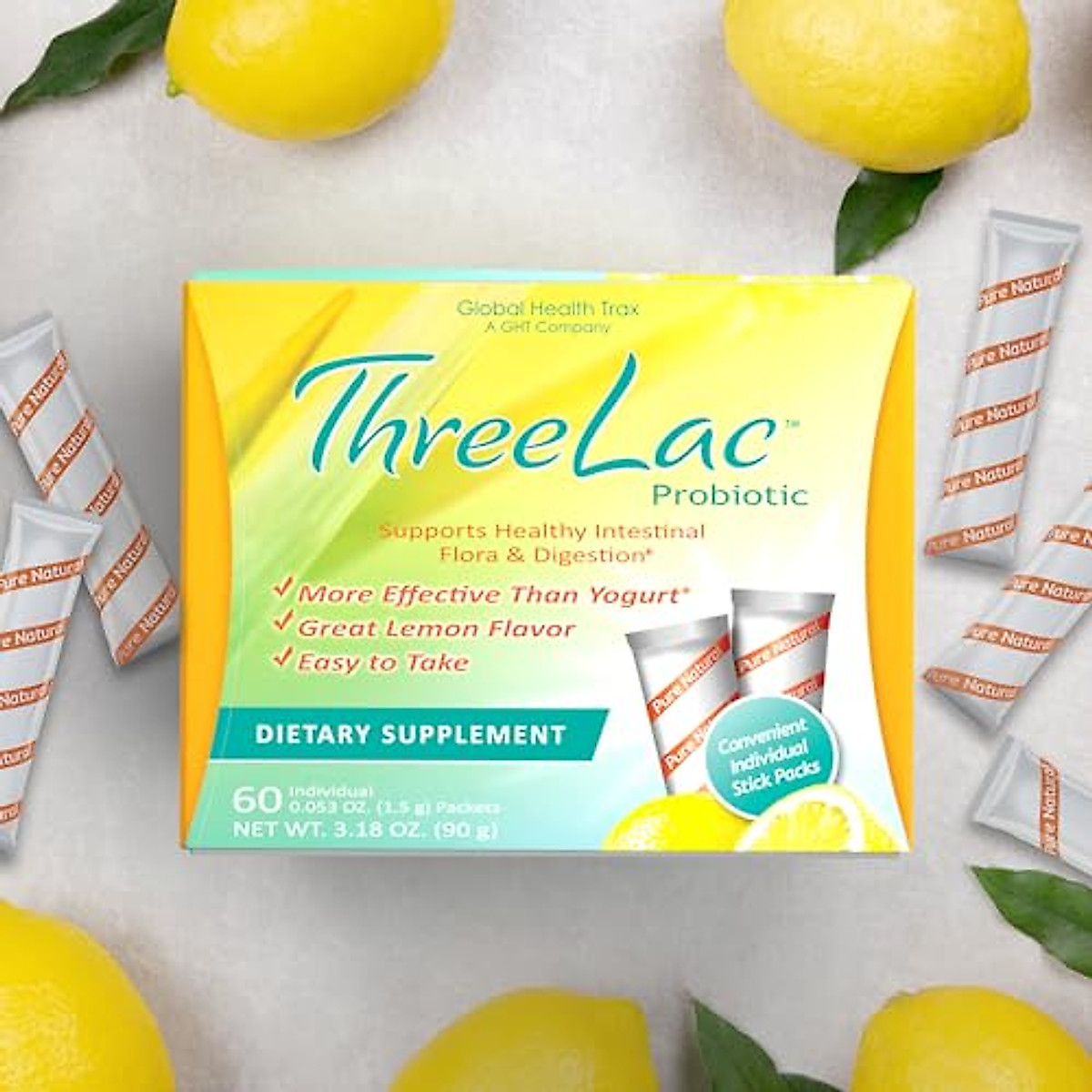 Threelac Probiotic Dietary Supplement, Natural Lemon Flavor, Includes 60 .053-Ounce Packets