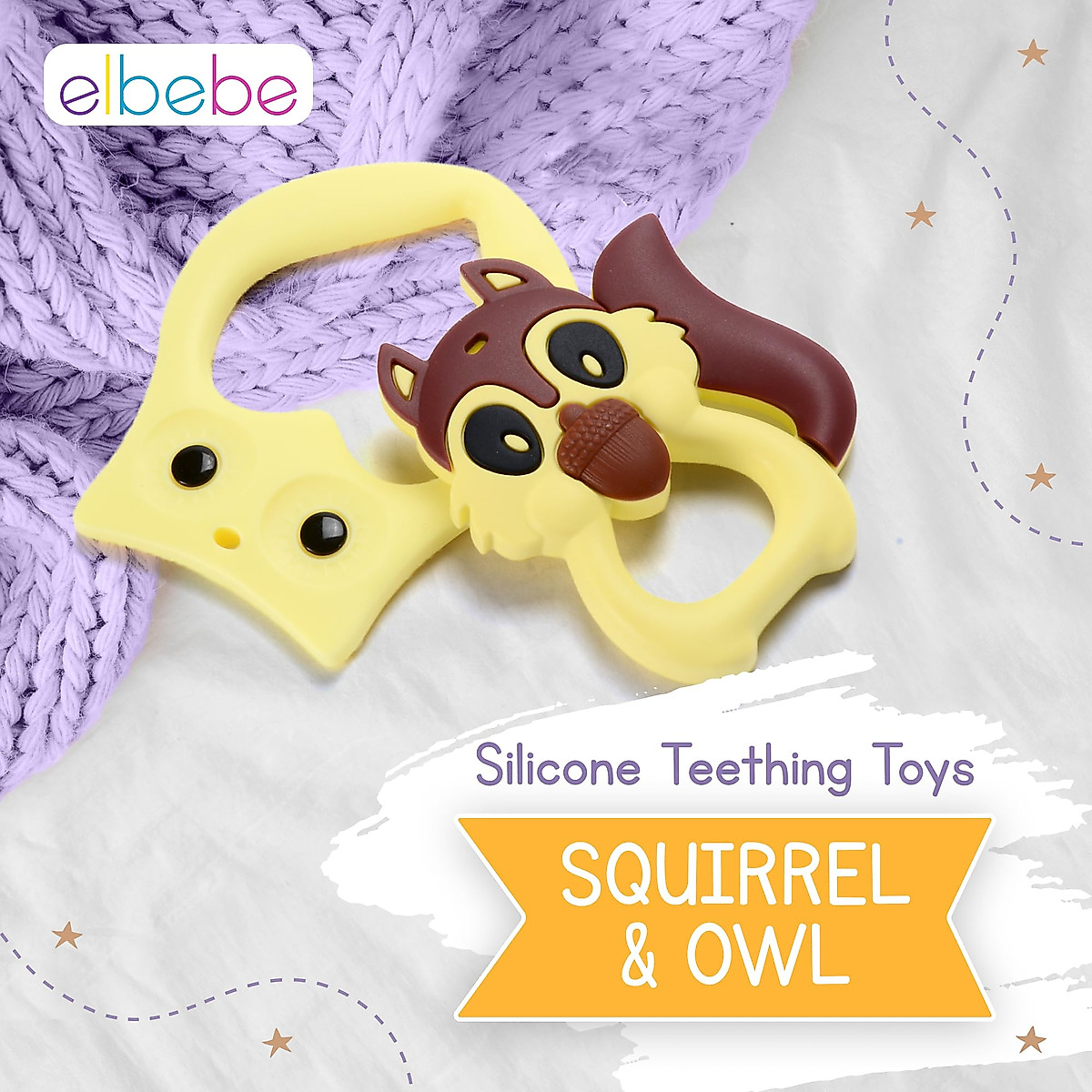 Elbebe Silicone Teething Toys - Baby Teething Toys - Baby Teether - Silicone Teethers for Babies - Baby Chew Toys - Silicone Baby Teether - Infant Teething Toys - Owl & Squirrel - Set of 2