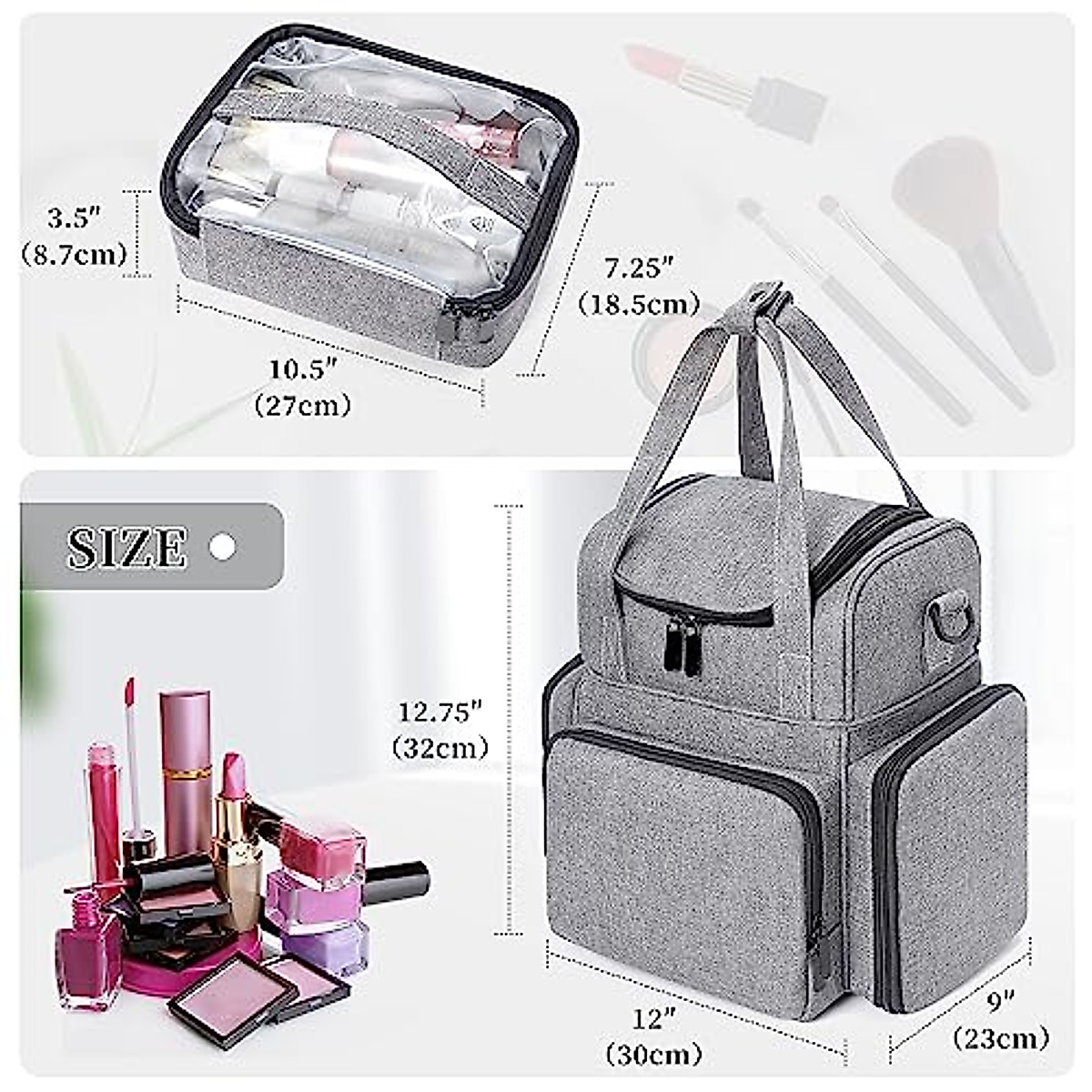 LEAFFUP 2 Layers Large Travel Makeup Bag with 2 Removable Pouches, Large Cosmetic Bag with Detachable Partition, Portable Cosmetic Bag with Multiple Storage Sections (Patent Pending), Grey