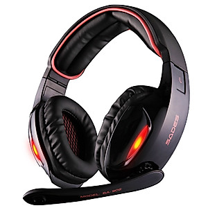 Sades SA902 7.1 Channel Virtual USB Surround Stereo Wired PC Gaming Headset Over Ear Headphones with Mic Revolution Volume Control Noise Canceling LED Light (Black/Red)