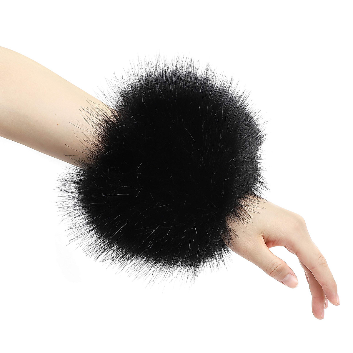 LA CARRIE Women's Snakeskin Print Faux Fur Wrist Cuffs,Winter Fox Furry Bands Arm Warmer (Black)