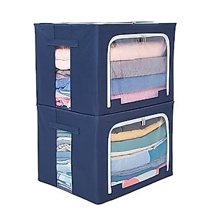 Tasmegol Clothes Storage Bins Box Foldable Stackable Steel Frame Closet Organizer Bags Oxford Cloth Clothing Containers Clear Window for Sweater Bedding