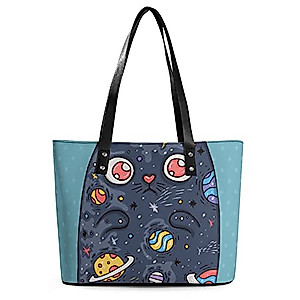 Womens Handbag Planet Moon Space Cat Leather Tote Bag Top Handle Satchel Bags For Lady
