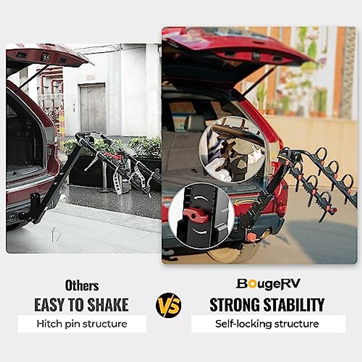 BougeRV Hitch Bike Rack Locking Feature Easy Assembly with 2'' Hitch Receiver, Foldable 4-Bike Hitch Carrier Rack for Car, Pull for Trunk Access, fit for SUV and Truck (165LB Capacity)