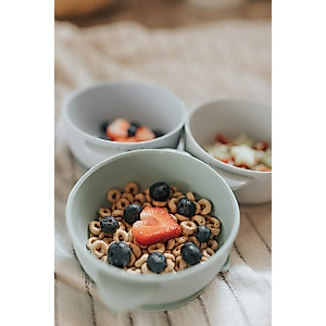 Ullabelle Silicone Baby Bowls with Lids | Toddler Food Storage Bowls | 100% Food Grade Silicone | BPA Free and Nontoxic Material | Independent Feeding (Blue/Sage/Grey, 3 Bowls)