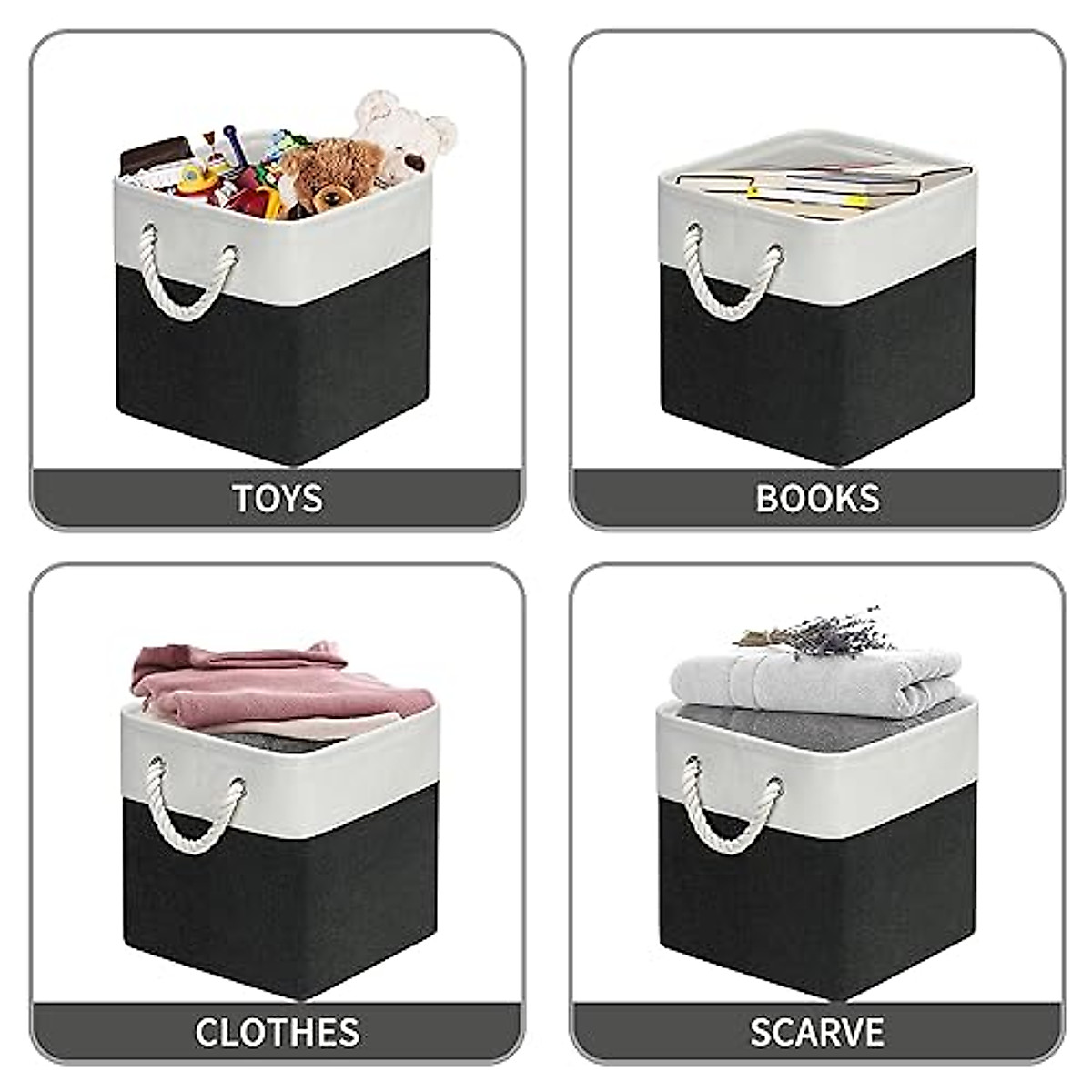KITCSTI Storage Baskets for Organizing Fabric Organizer Bins Cubes 13"x13"x13" Foldable Cloth Storage Bins with Handle Closet Baskets for Towels Toys Books (White&Black, Pack of 3)