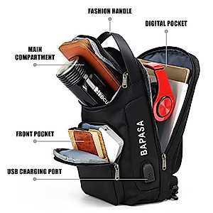 Anti Theft Small Sling Bag for Men, Crossbody Backpack with USB Charging, Waterproof Shoulder Bag with One Strap split in Two(black)