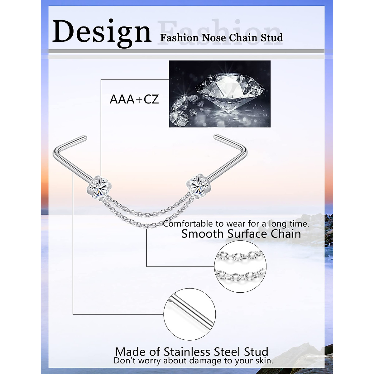 Akeoqi 28Pcs Nose Stud Nose Chain Screw Straight L Shape Nose Stud Chain Nose Stud Nostril Piercing Body Jewelry for Women Men 20G Set 2mm 2.5mm 3mm CZ Silver Tone