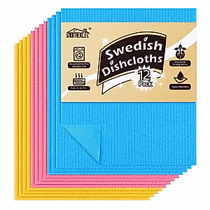 HOMEXCEL Swedish Sponge Dish Cloth, 12 Pack Reusable, Absorbent Hand Towels, Sponge Cloth for Kitchen, Bathroom, and Cleaning Counters (Pink/Blue/Yellow)