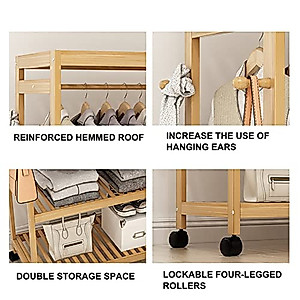 YXDFG Bamboo Garment Coat Clothes Hanging Heavy Duty Rack,Portable Rolling Garment Rack with Wheels, with Top Shelf and Shoe Clothing Storage Organizer Shelves,Dark,59×35×165cm