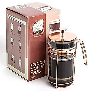French Press and Tea Maker - 1000ml Coffee Maker Press - Premium Coffee Press with Rose Gold Finish - Thick Glass and Stainless Steel Coffee Brewer - French Press Coffee Maker for Tea, Latte, Expresso