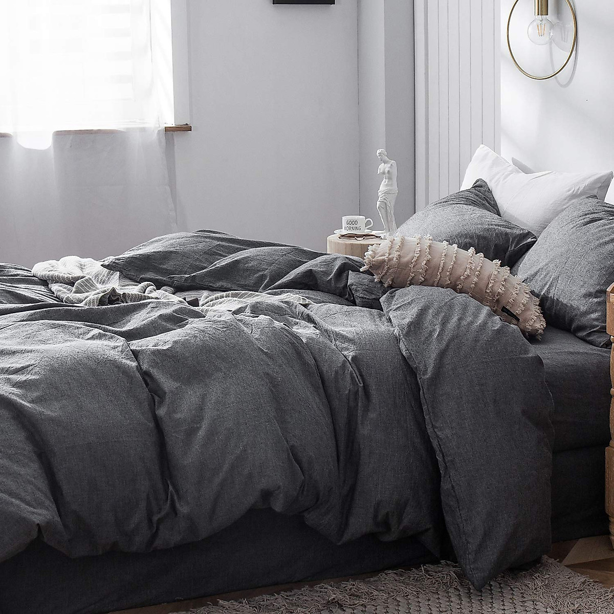 MooMee Bedding Duvet Cover Set 100% Washed Cotton Linen Like Textured Breathable Durable Soft Comfy (Dark Grey, Queen)