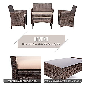 Devoko 4 Pieces Patio Porch Furniture Sets PE Rattan Wicker Chairs Beige Cushion with Table Outdoor Garden Patio Furniture Sets (Brown)