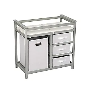 Kinbor Wood Baby Changing Table - Infant Diaper Changing Station and Dresser, Nursery Organizer with Pad, Laundry Hamper and 3 Storage Baskets, Gray