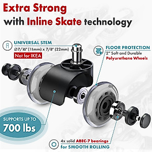 SEDDOX Office Chair Wheels Replacement Set of 5 - Dual 2 Inch Soft Chair Casters for Hardwood Vinyl Tile - Heavy Duty & Safe for All Floors - Fits 98% of Computer Gaming & Office Chairs - Grey