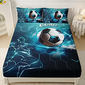 AILONEN Boys Soccer Printed Fitted Sheet Set Queen Size,Football Player Blue Bed Sheet Set,Sports Fitted Sheet with 2 Pillowcases,3 Piece Speed Soccer Bedding Set for Kids Teens Men