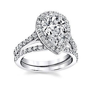 3CT Teardrop Pear Shape Solitaire AAA CZ Engagement Ring Bridal Set in 2 piece Sterling Silver 925
