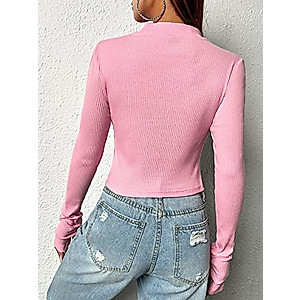 SOLY HUX Women's Zip Up Mock Neck Long Sleeve Crop Tops Casual Tee T Shirts with Thumb Hole Solid Pink S
