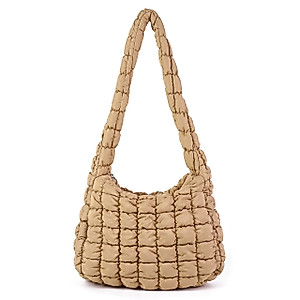 Rejolly Puffer Quilted Shoulder Bag for Women Puffy Bubble Tote Bag Lightweight Nylon Handbag Padded Soft Purse Khaki