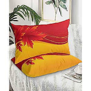 Edwiinsa Fall Leaf Pillow Covers Standard Size Set of 2 Bed Pillow, Red Orange Maple Leaves Farmhouse Plush Soft Comfort for Hair/Skin Cooling Pillowcases with Envelop Closure 20''x26''