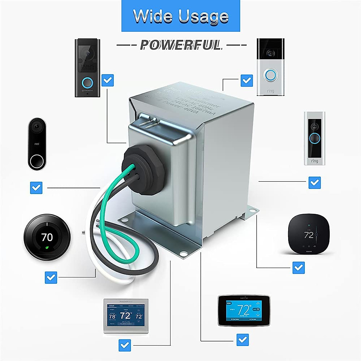 24V 40VA Thermostat and Doorbell Transformer, Power Supply Compatible with Nest, Ecobee, Sensi and Honeywell Thermostat, Nest Hello Doorbell and All Versions of Ring Doorbell