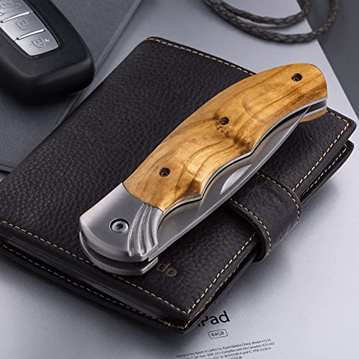 Bundle of 2 Items - Gentleman’s Folding Knife Pocket Knife Knives Knofe Wood Handle Sharp Blade - Pocket Knife for Men - Folding EDC Knife - Kubaton Stocking Stuffers for Men - Secret Santa Gift