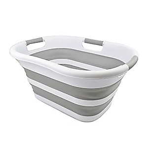 SAMMART 30L (7.9 gallon) Collapsible Plastic Laundry Basket - Foldable Pop Up Storage Container/Organizer - Portable Washing Tub - Space Saving Hamper/Basket (1, White/Grey)