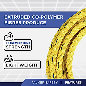 Palmer Safety Fall Protection 50' Vertical Rope Lifeline with One Locking Snap Hook I 5/8" Diameter Co-Polymer Twisted Rope I Ideal use for Climbing, Roofing, Scaffolding, Search & Rescue (Yellow)