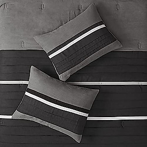 Madison Park Palmer Comforter Set - Faux Suede Design, Striped Accent, All Season Down Alternative Bedding, Matching Shams, Decorative Pillow, Bed Skirt, Queen (90 in x 90 in), Black 7 Piece