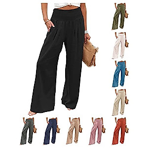 ERTUPE Women's Linen Palazzo Pants Boho Wide Leg High Waist Lounge Pant Elastic Casual Loose Solid Trousers with Pockets A-Black