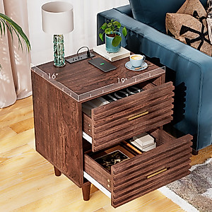 Night Stand with Charging Station Set of 2, Side Table with 2 Drawers, Mid Century Modern End Table with Storage, Bedside Table with USB Ports and Outlets, Nightstand for Bedroom, Brown 2PCS