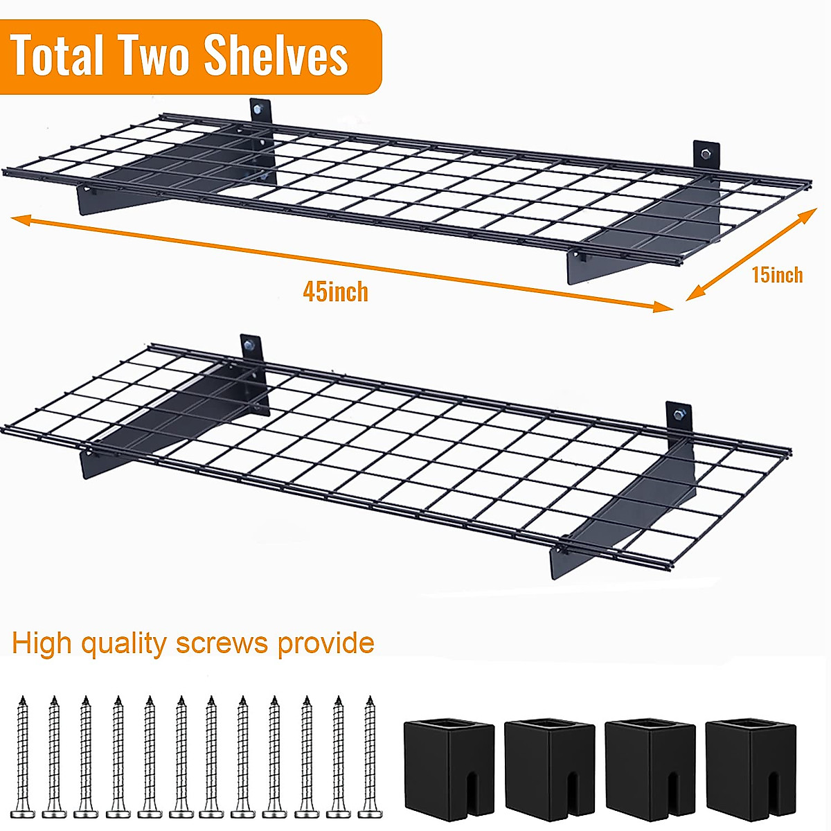 Wallmaster 2-Pack 15x45 Heavy Duty Garage Wall Shelving 45-inch-by-15-inch Wall Mount Garage Storage Rack Floating Shelves Max Load 400lb Black
