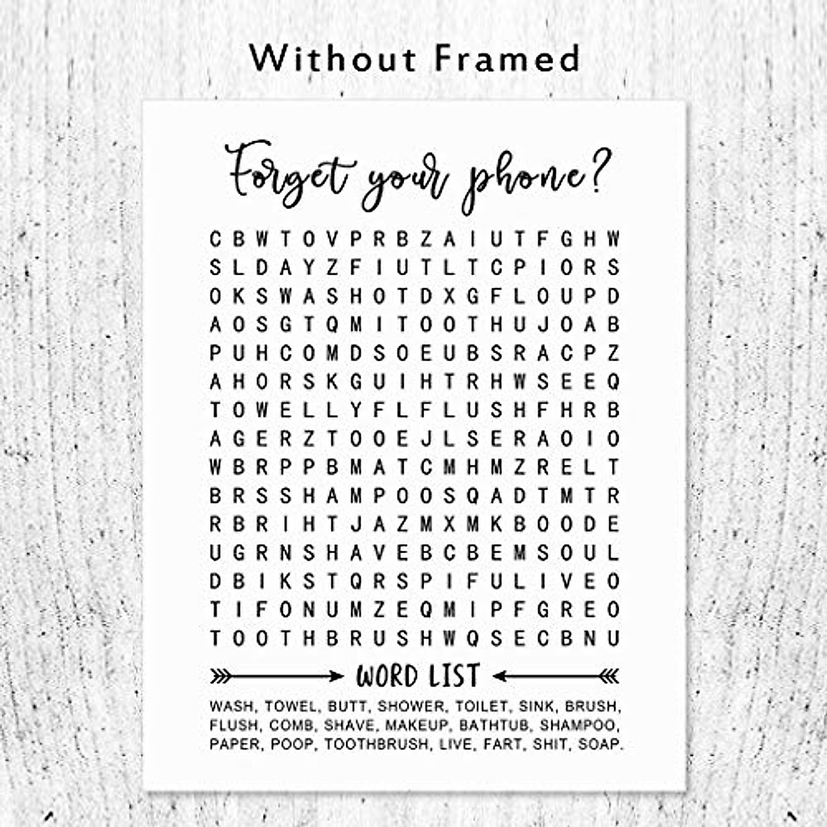 Bathroom Word Search, Forget Your Phone, Word Search Puzzle, Bathroom Wall Art, Bathroom Sign, 8x10 Inch Unframed