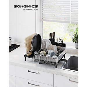 SONGMICS Large Dish Drying Rack, Expandable Dish Dryer for Kitchen Counter, Stainless Steel Dish Rack with Rotatable Spout, Utensil, Cup, Glass, Cutting Board, Pan Holders, Silver and Black UKCS037B01